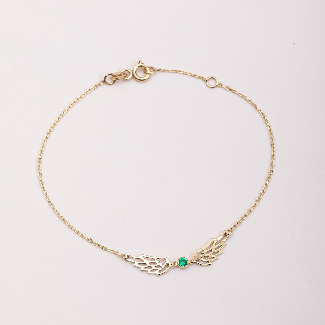 14K 18K Solid Gold Angel Wing Bracelet, Custom Birthstone Double Angel ...