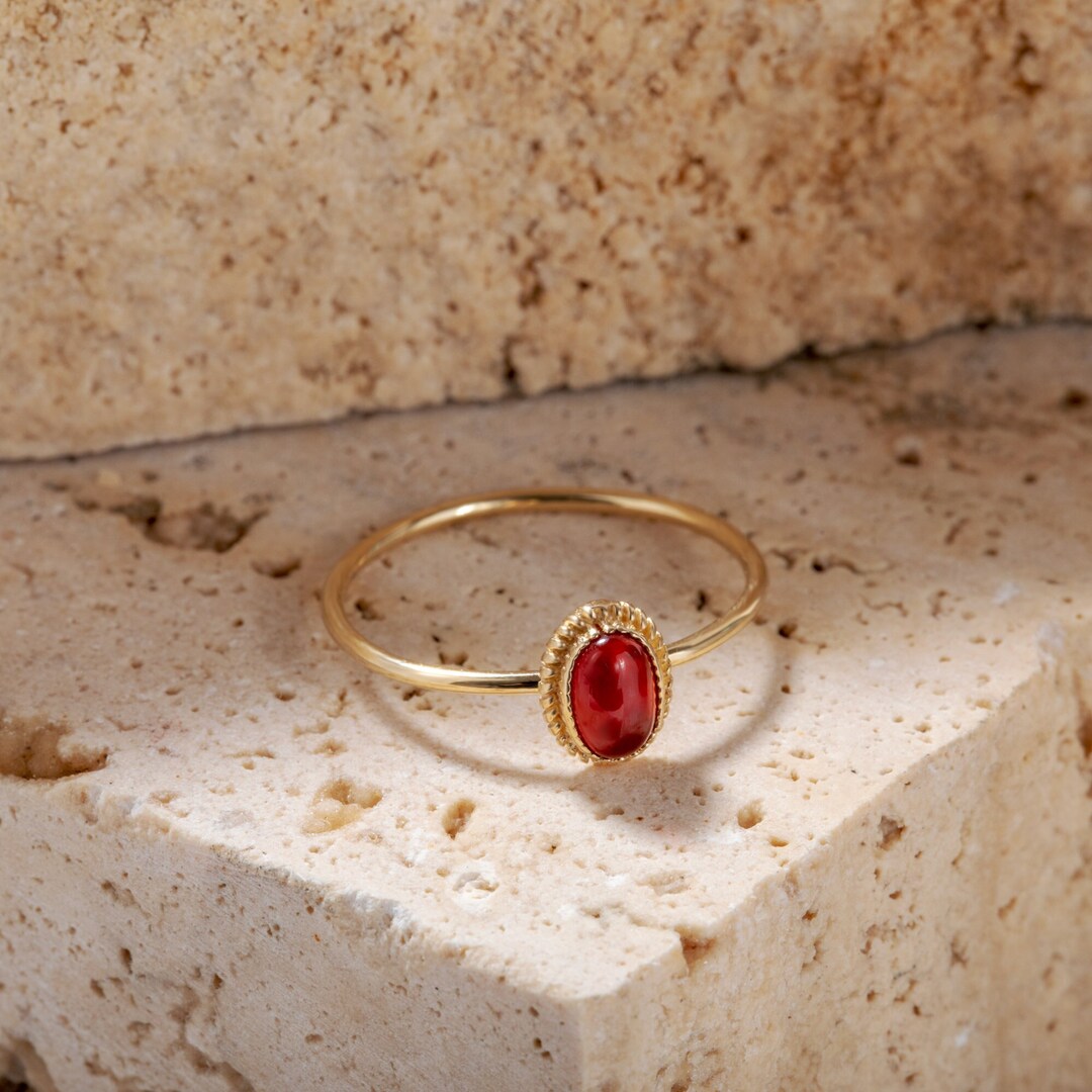 Oval Red Agate Ring 14K Solid Gold, Elegant Gemstone Agate Ring, Real ...