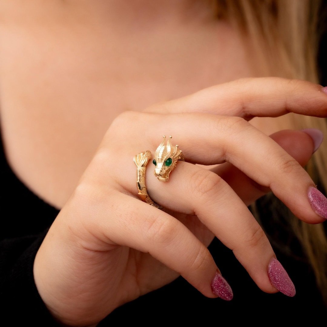 14K Real Gold Dragon Ring, Bali Dragon Head Hollow Ring, Real Gold ...