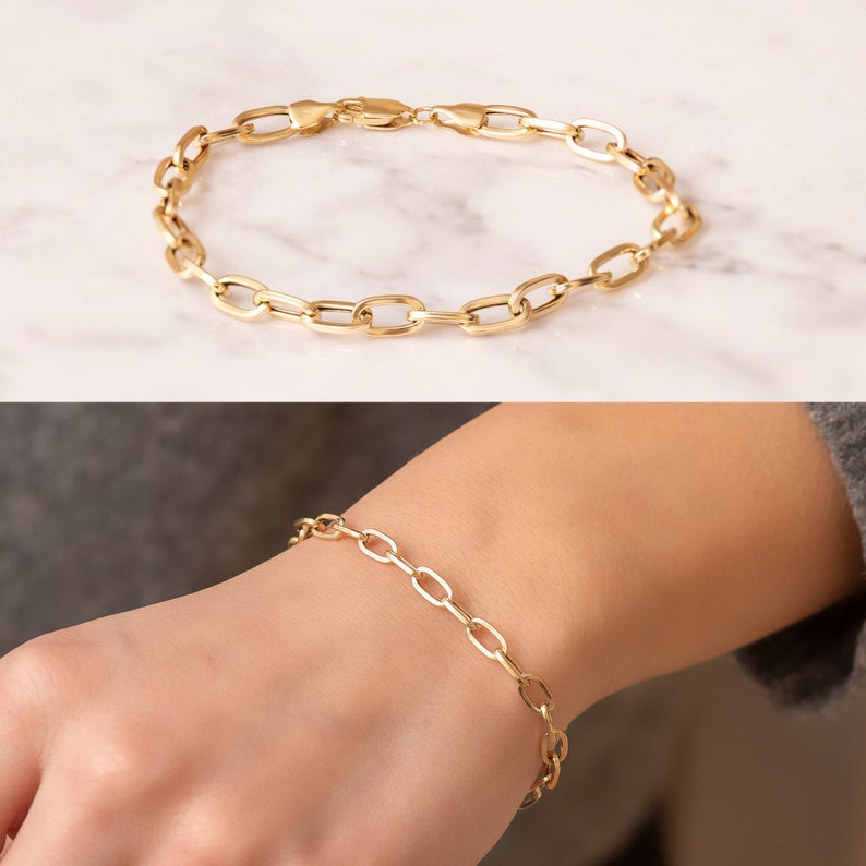 14K Yellow Gold Large Open Link Chain Bracelet Rectangle Link - Etsy