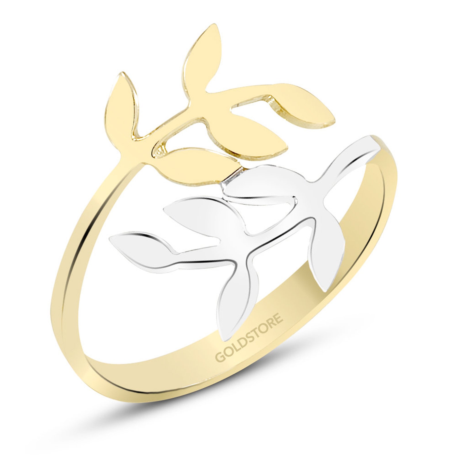 14K/18K Solid Gold Leaf Branch Ring - Elegant Olive Leaf Wrap Design in ...