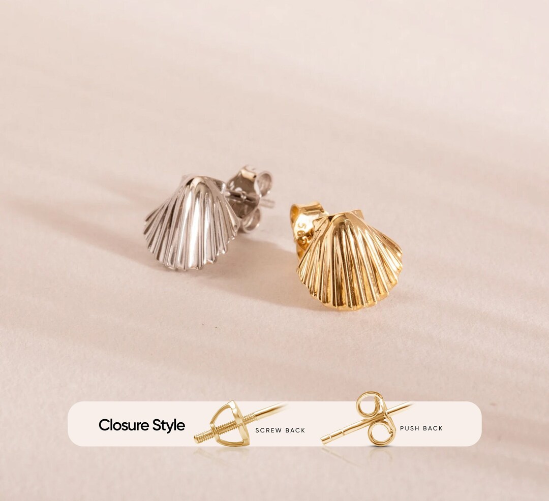 Sea Shell Earrings 14k 18k Solid Gold, Dainty Everyday Scallop Stud ...