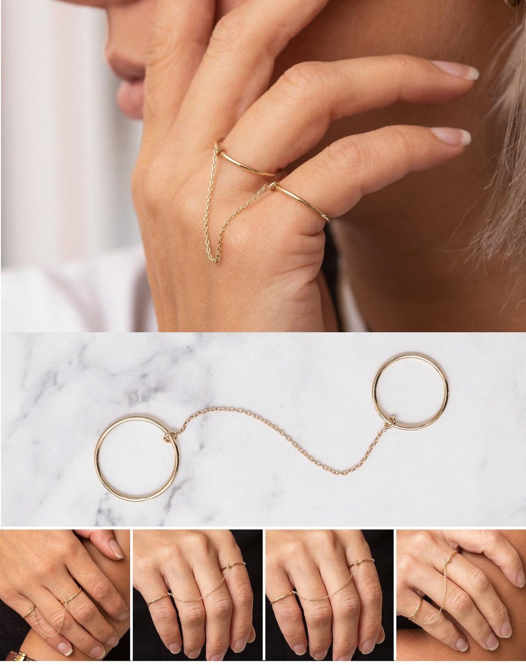 14k 18k Solid Gold Chain Linked Double Ring, Double Finger Thin Ring ...