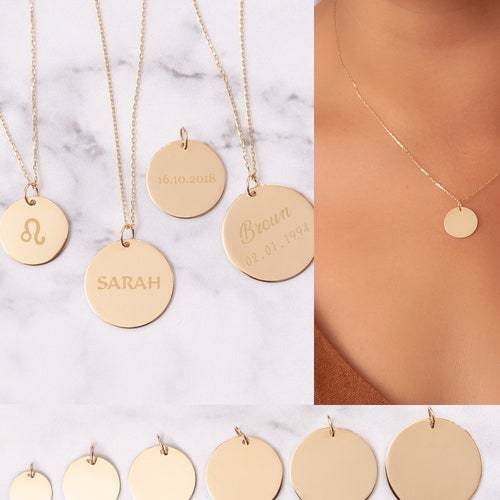14k Solid Gold Custom Engrave Disc Pendant Personalized Solid - Etsy