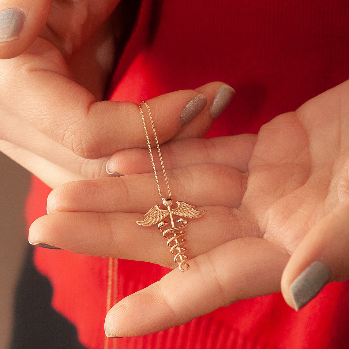 14K 18K Solid Gold Caduceus Necklace, Caduceus Symbol of Medicine Charm ...