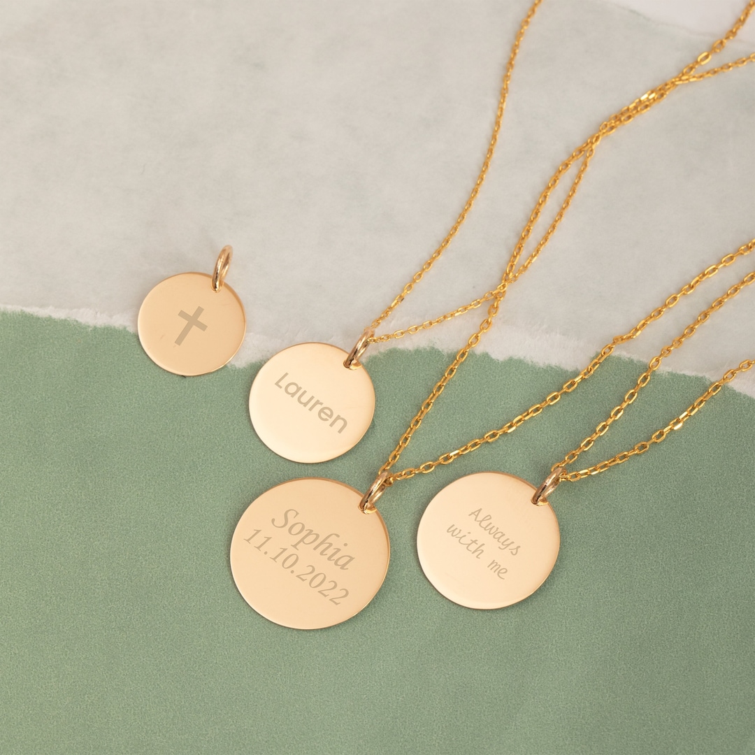 22K Solid Gold Custom Engraved Disk Necklace, Personalized Dainty Solid ...