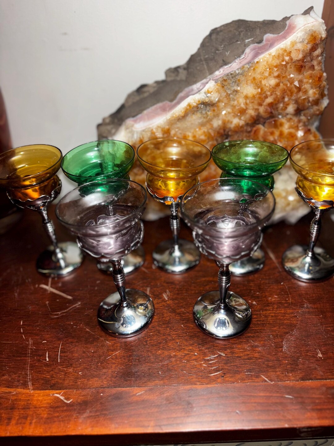 1930s Art Deco Cocktail Stems: Morgantown Chromium, Multicolored Glass ...