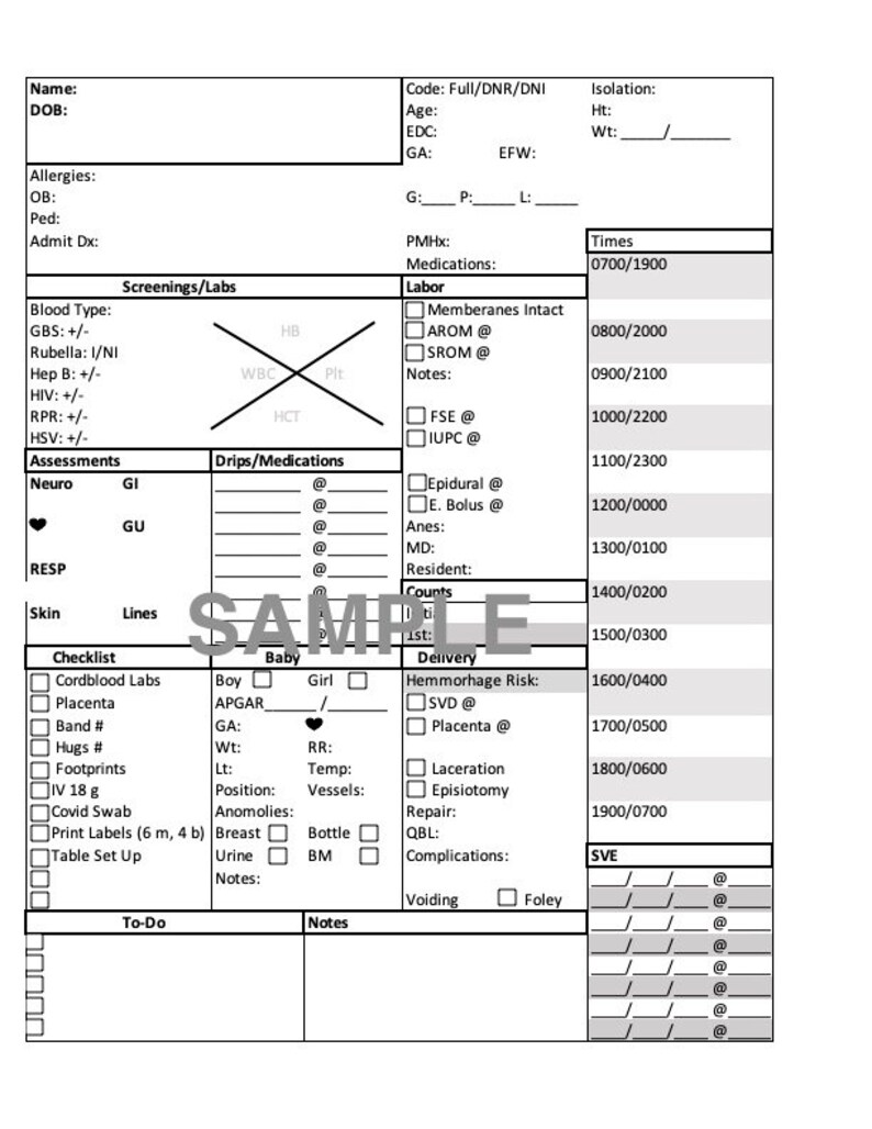 Labor and Delivery Obstetric Report Sheet for the Registered Nurse RN ...