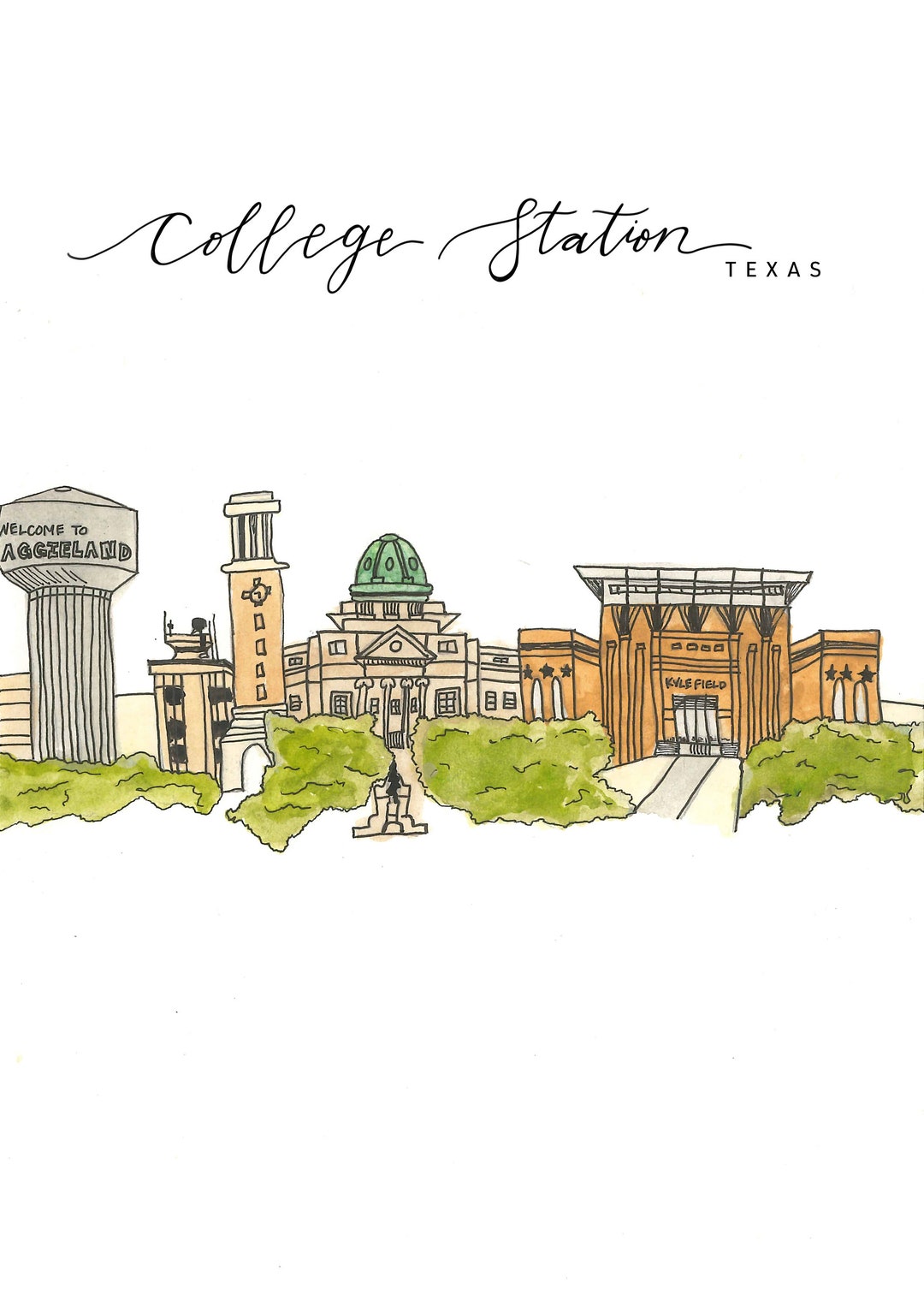 College Station Texas Skyline / Aggieland / Texas A&M University - Etsy