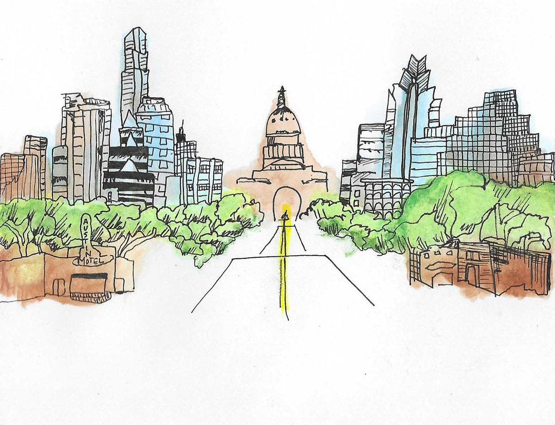 Austin, TX Watercolor and Line Drawing Print - Etsy