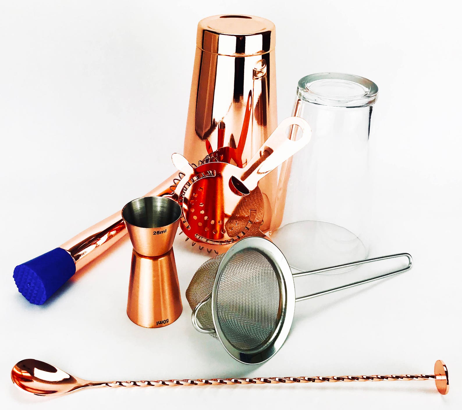 7 Piece Copper Cocktail Set Tin Glass 2 Strainers Spoon - Etsy UK