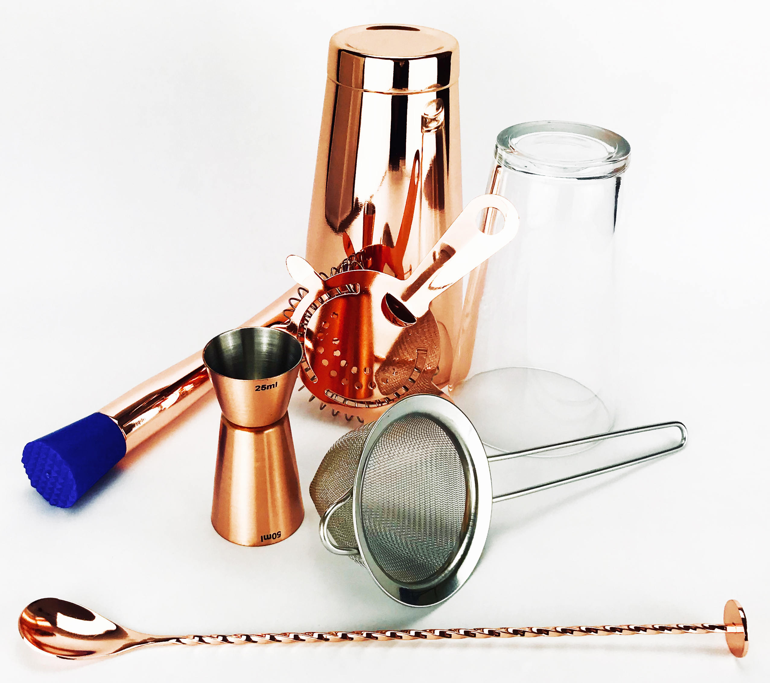 7 Piece Copper Cocktail Set Tin Glass 2 Strainers Spoon - Etsy UK