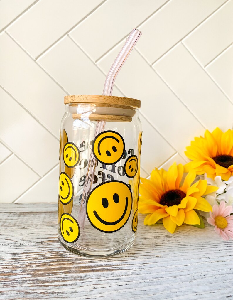 Smiling Face Coffee Can Glass Smile Face Coffee Cup Iced - Etsy