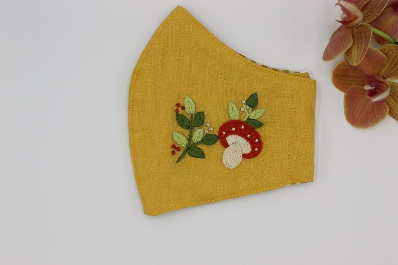 Mushroom Leaves Hand Embroidered Linen, Thick Face Mask, Washable ...
