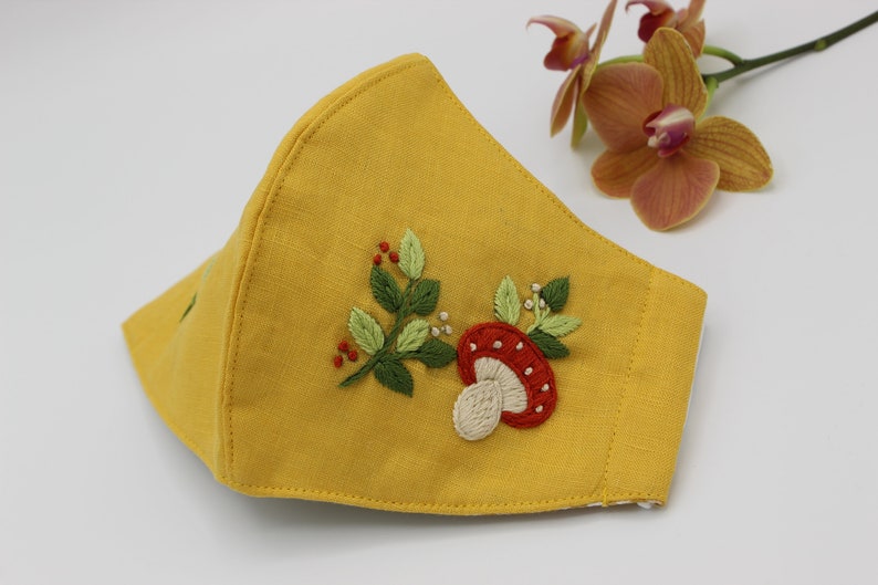 Mushroom Leaves Hand Embroidered Linen, Thick Face Mask, Washable ...