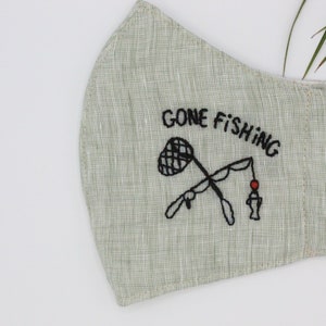 Gone Fishing, Fisher Mask, Hand Embroidered Linen, Face Mask, Washable ...