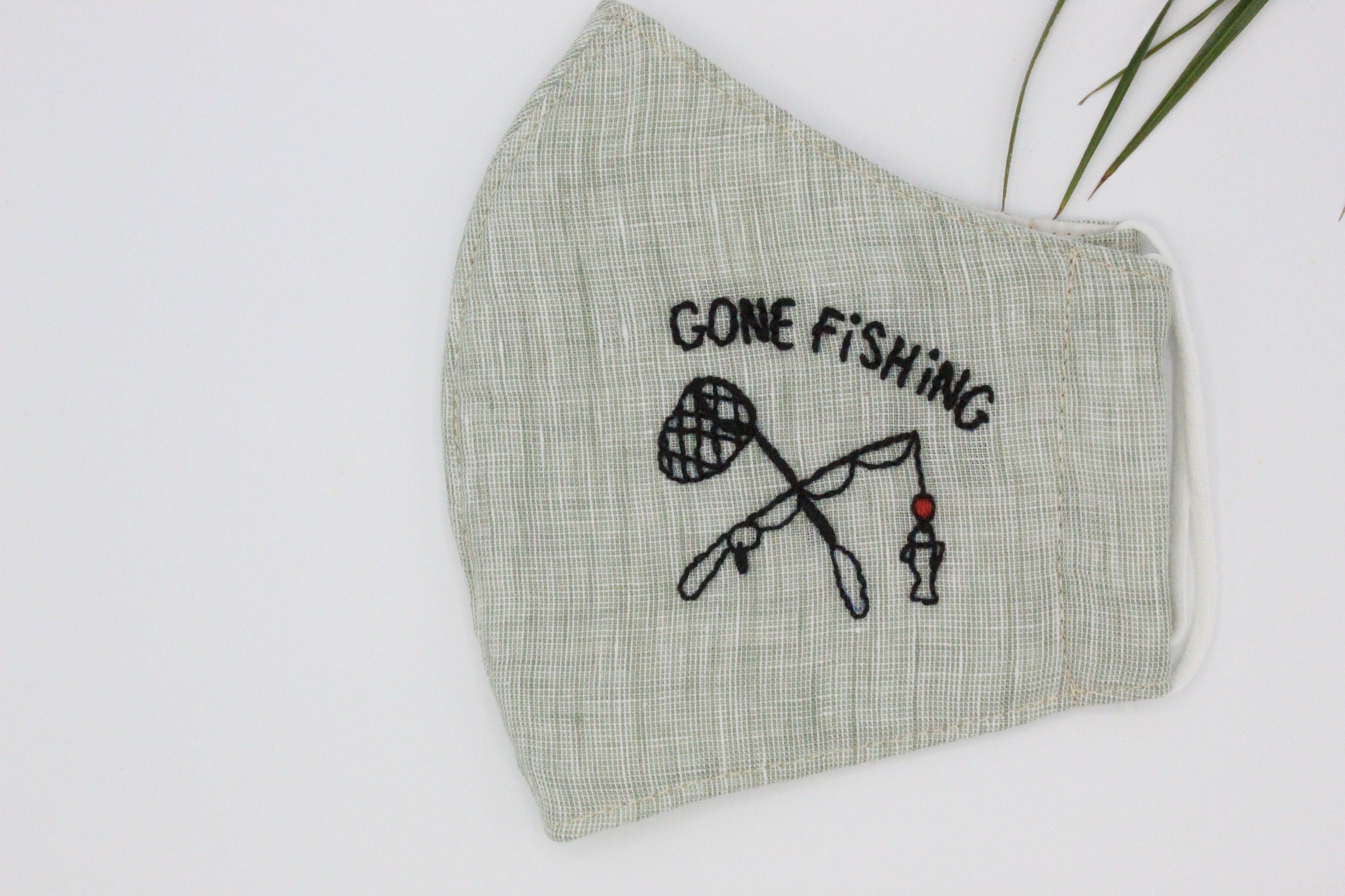 Gone Fishing, Fisher Mask, Hand Embroidered Linen, Face Mask, Washable ...