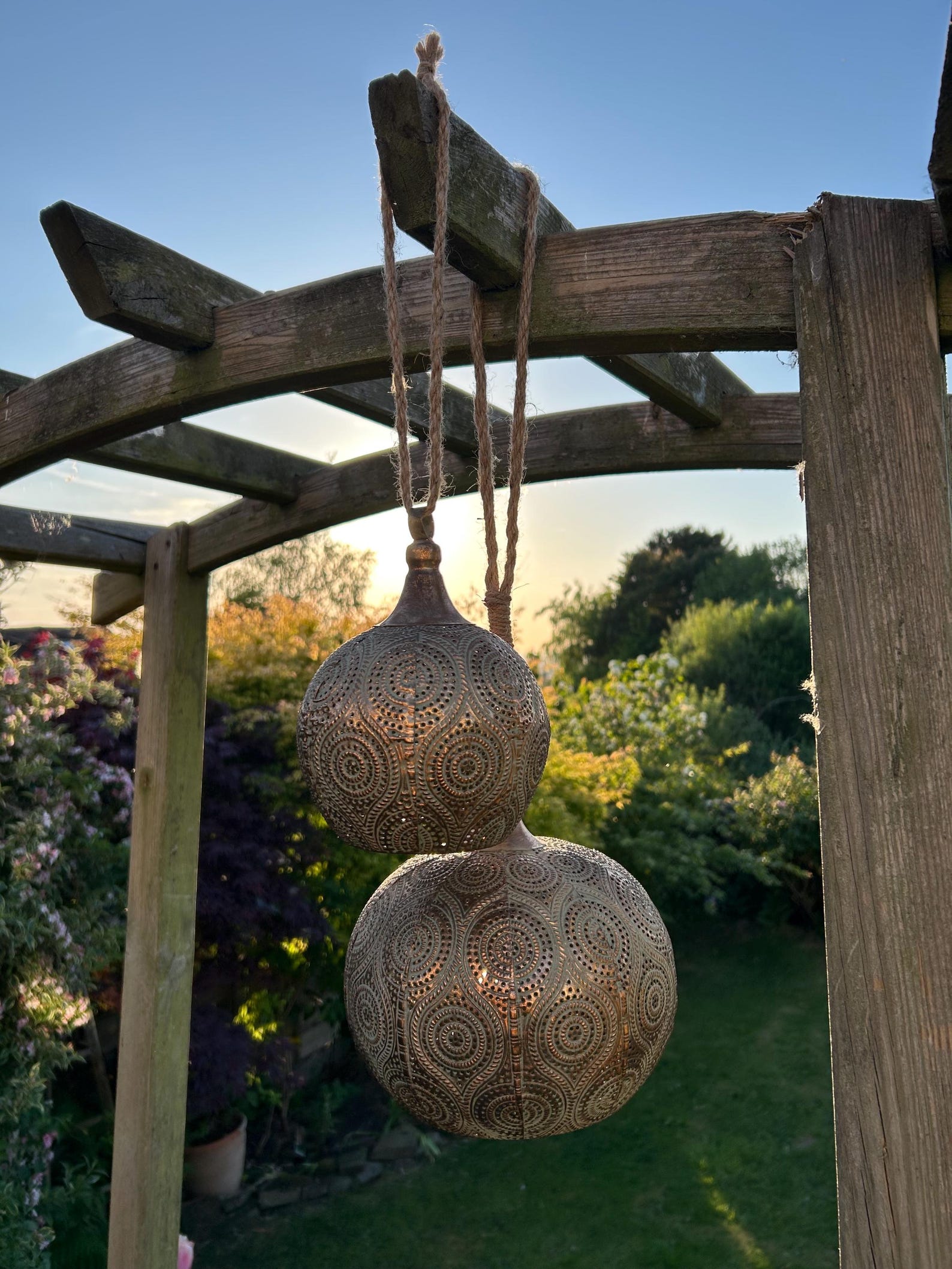 Set of 2 Hanging Garden Bells - Large Outdoor Indoor - Gold Verdigris ...