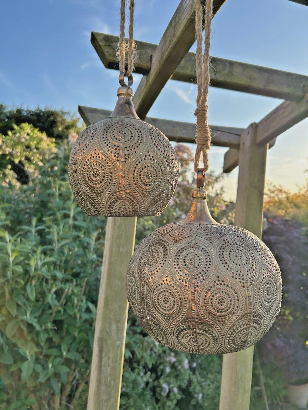 Set of 2 Hanging Garden Bells - Large Outdoor Indoor - Gold Verdigris ...