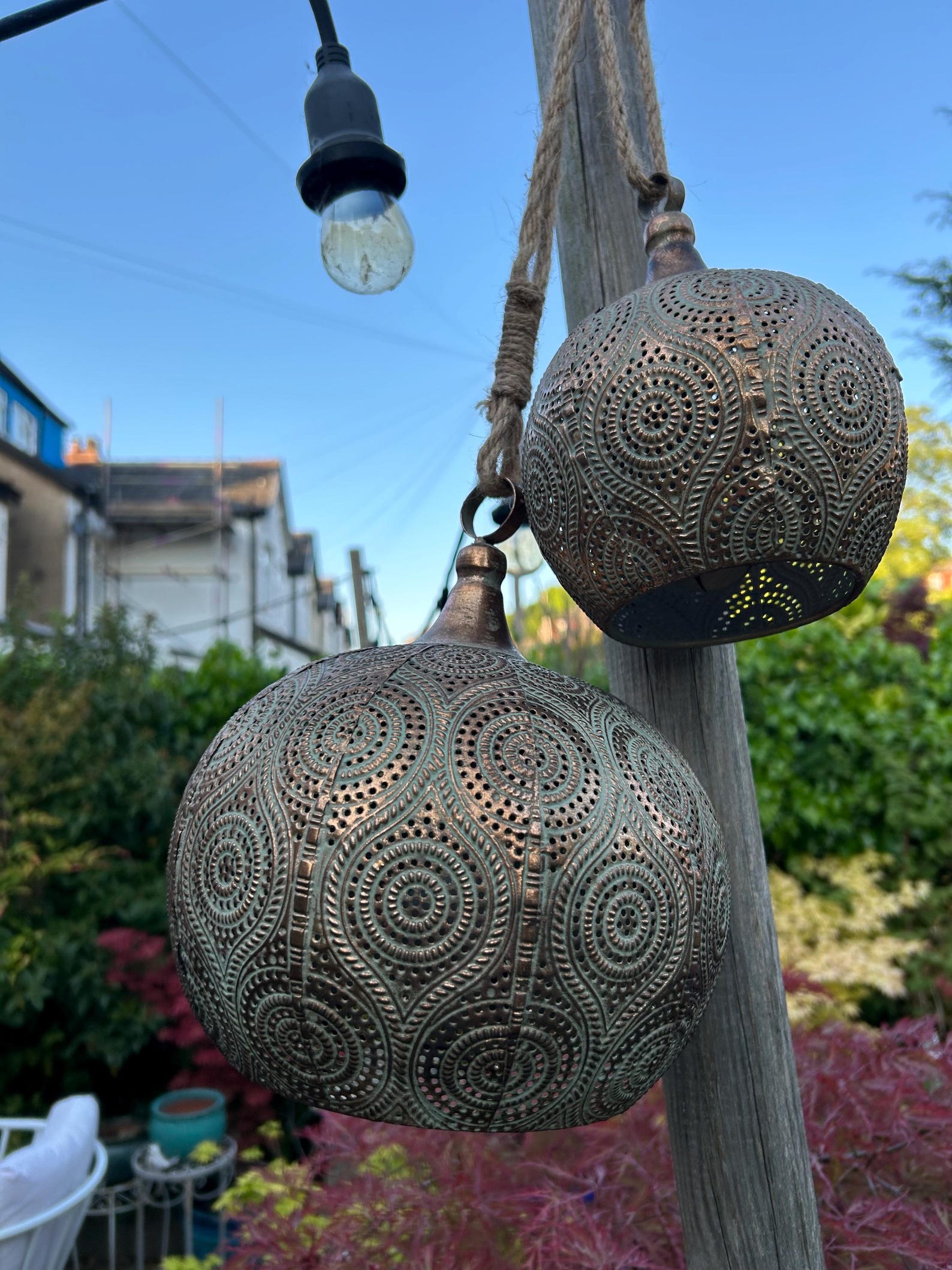 Set of 2 Hanging Garden Bells - Large Outdoor Indoor - Gold Verdigris ...