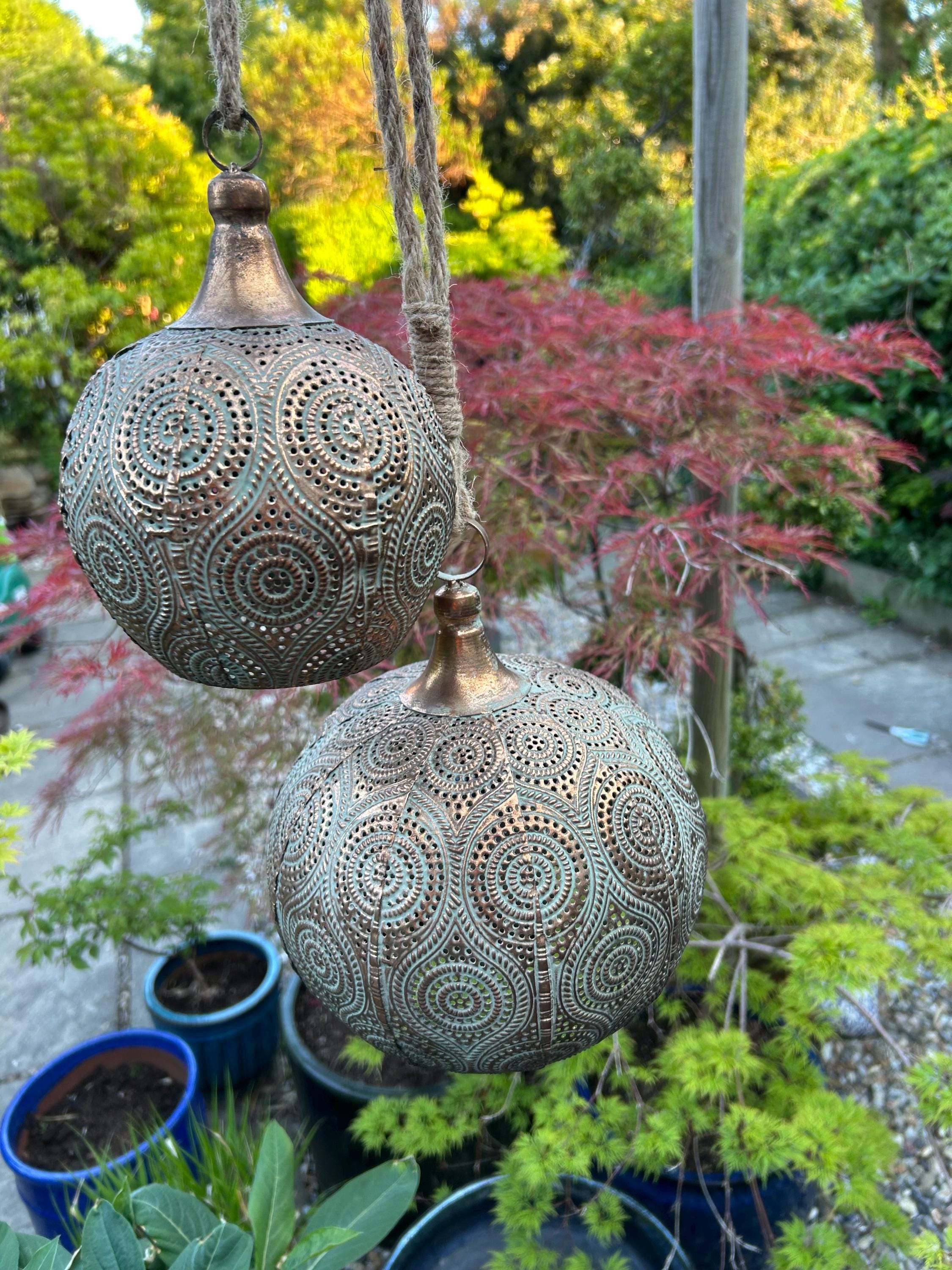 Set of 2 Hanging Garden Bells - Large Outdoor Indoor - Gold Verdigris ...