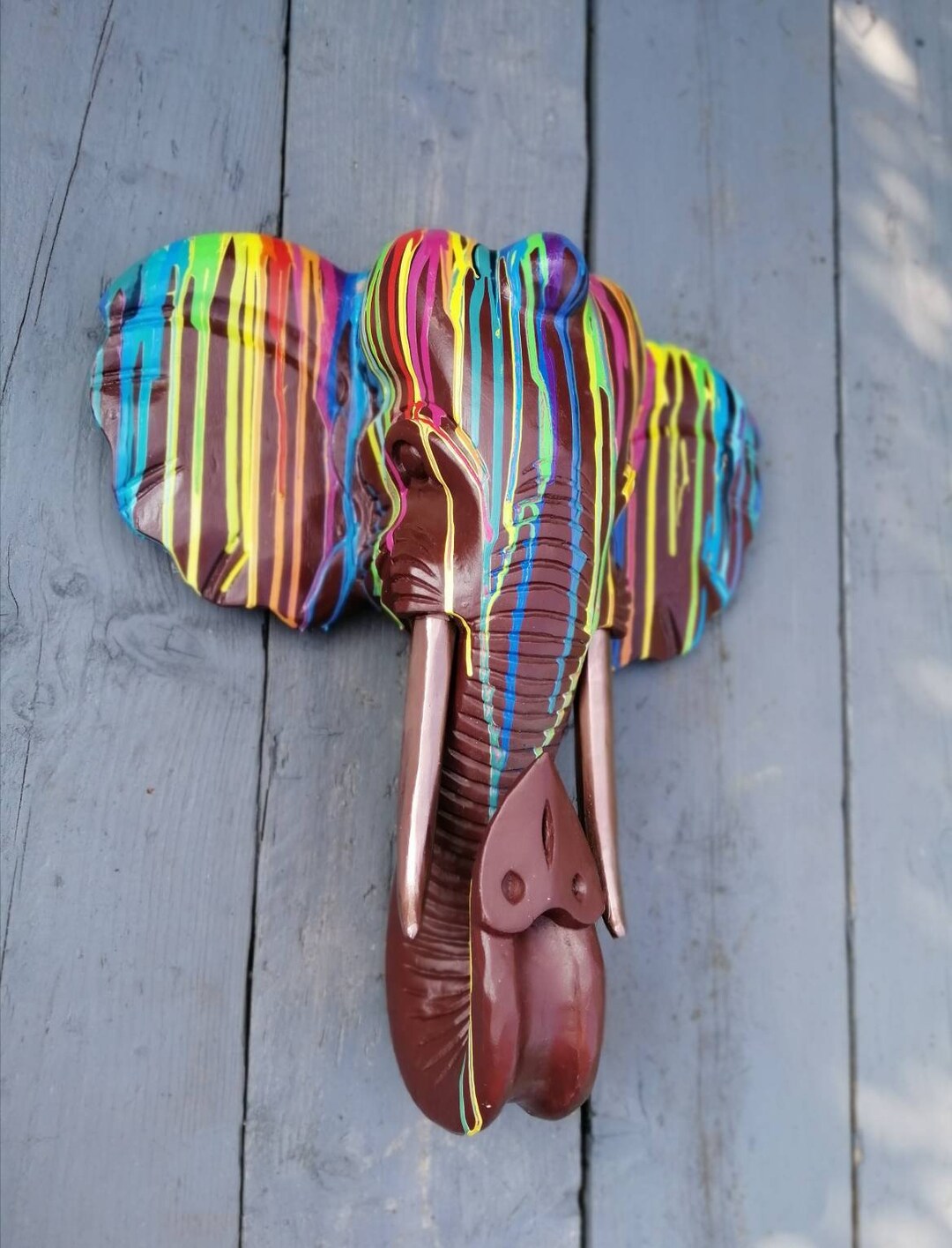 Wood Carved Elephant Wall Mount Sculpture ~ Faux Taxidermy ~ Wildlife ...