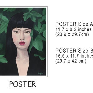 Chinese girl portrait art print illustration with green leaves | Etsy