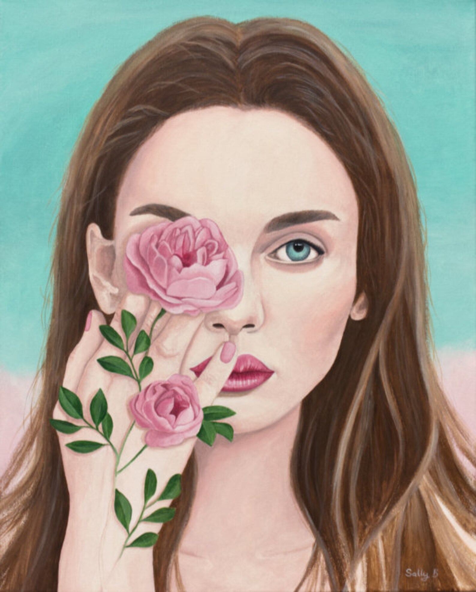 Lady Portrait Print With Long Hair and Eternal Blossom Peony - Etsy