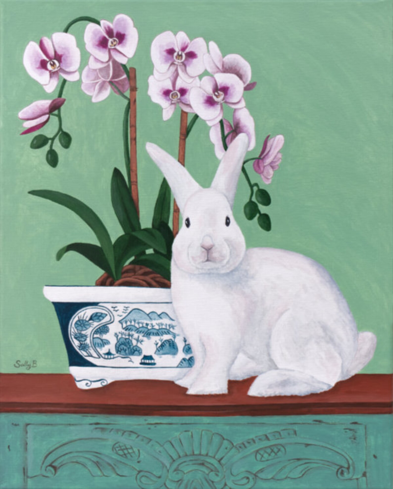 Rabbit chinoiserie vase art print with orchid and French | Etsy