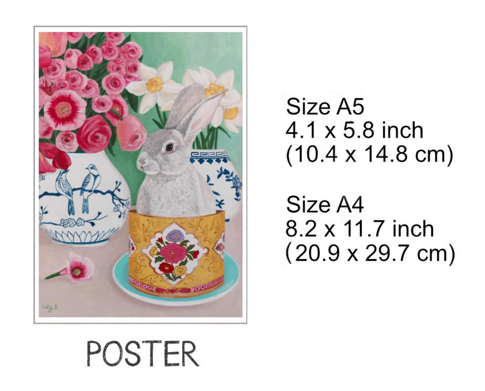 Rabbit Chinoiserie Vase Art Print With Roses and Daffodils for | Etsy