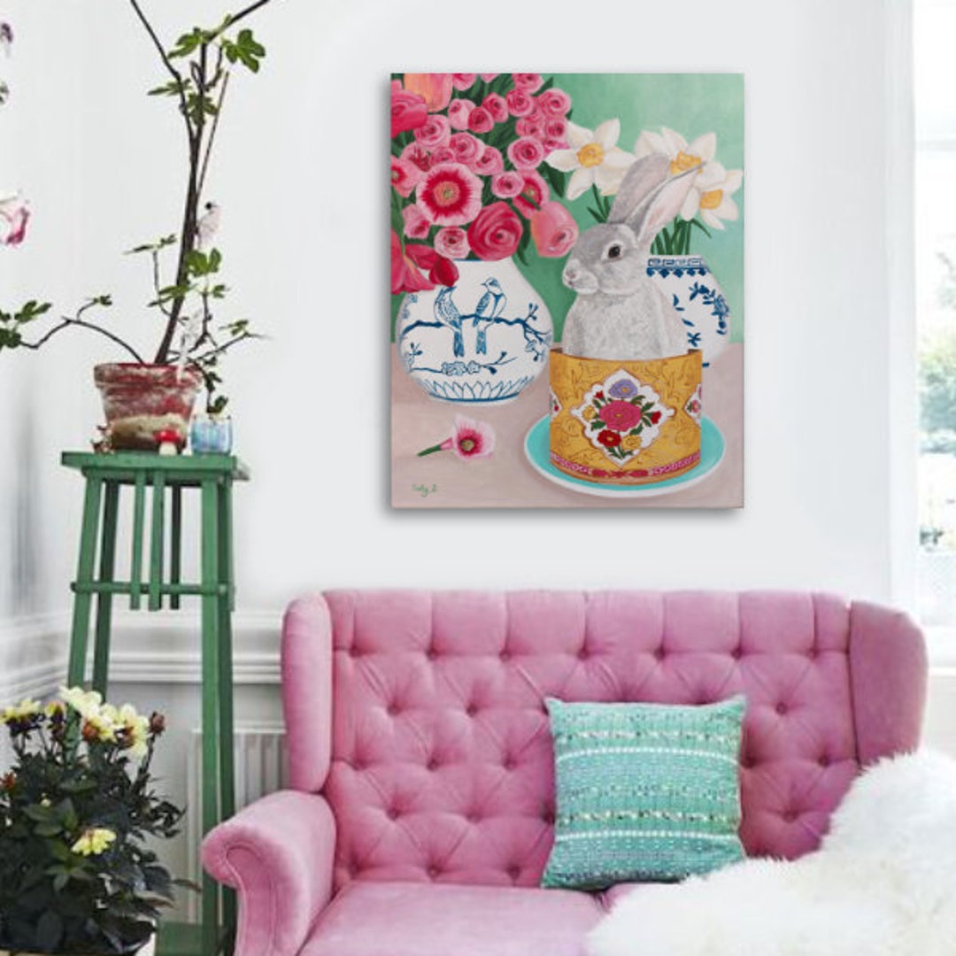 Rabbit Chinoiserie Vase Art Print With Roses and Daffodils for Cottage ...