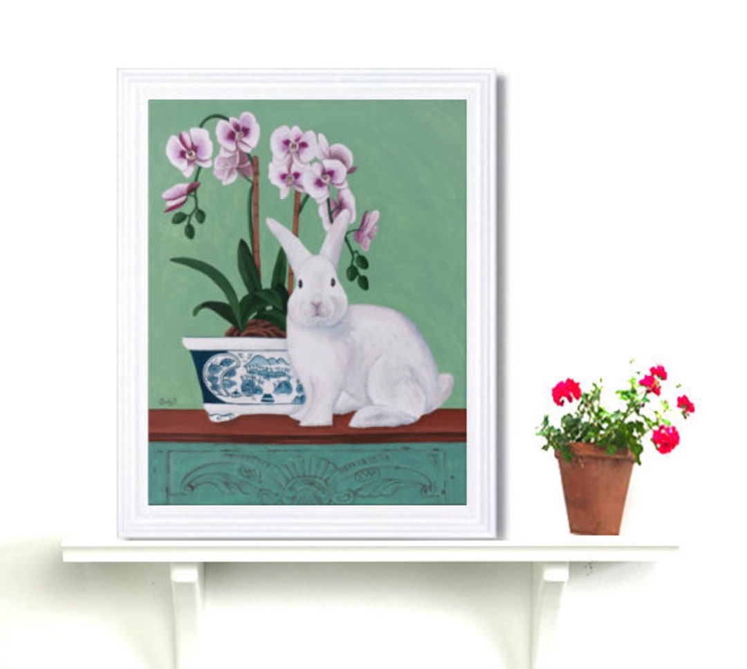 Rabbit Chinoiserie Vase Art Print With Orchid and French Vintage Table ...