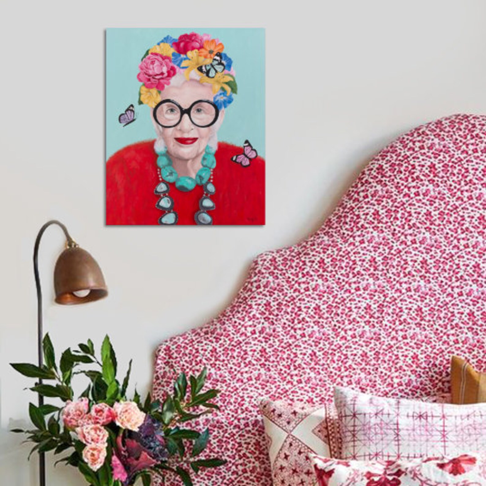 Iris Apfel Portrait Art Prints in Boho Style With Flowers and | Etsy