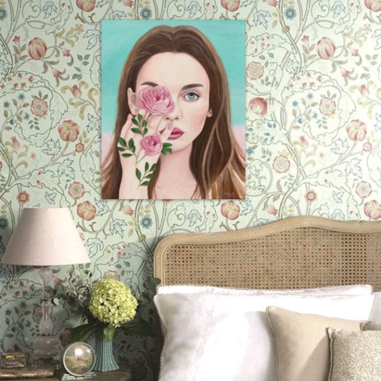 Lady Portrait Print With Long Hair and Eternal Blossom Peony - Etsy