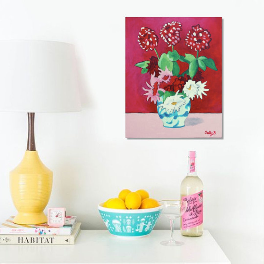 Affiche imprimé fleurs géranium et dahlia avec fond rouge pour - Etsy ...