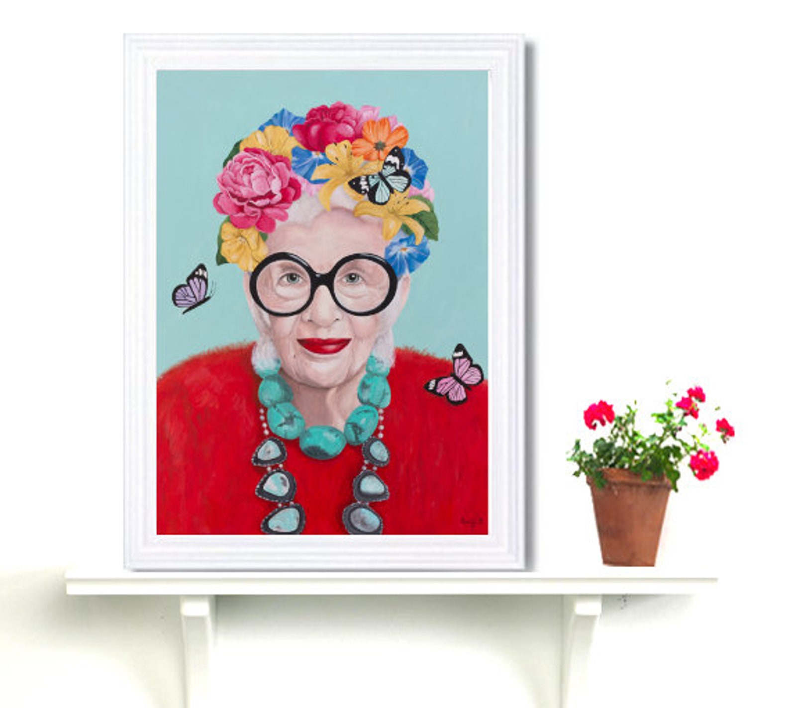 Iris Apfel Portrait Art Prints in Boho Style With Flowers and | Etsy