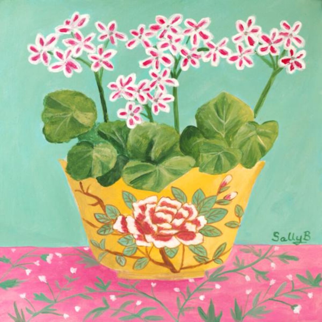 Geranium in Chinoiserie Vase Print With Green Pink Background for ...
