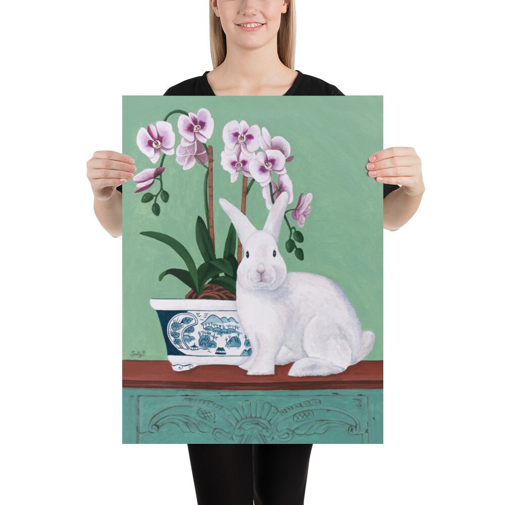 Rabbit chinoiserie vase art print with orchid and French | Etsy