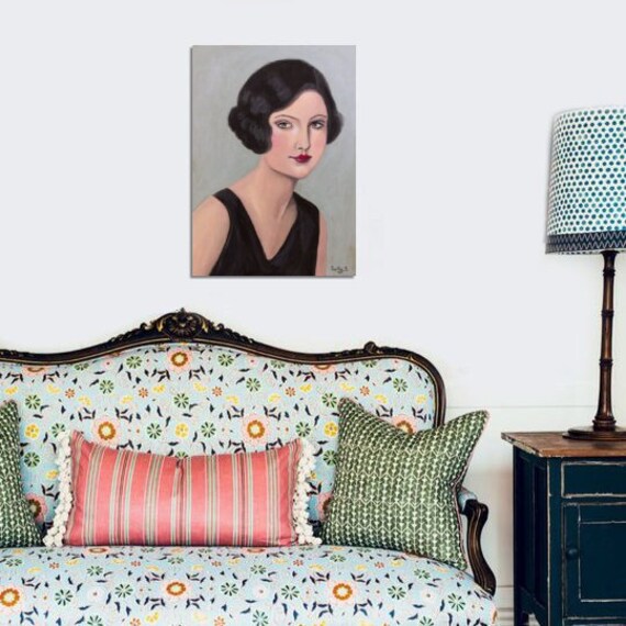 Flapper Lady Portrait Painting Illustration With Pastel Green - Etsy