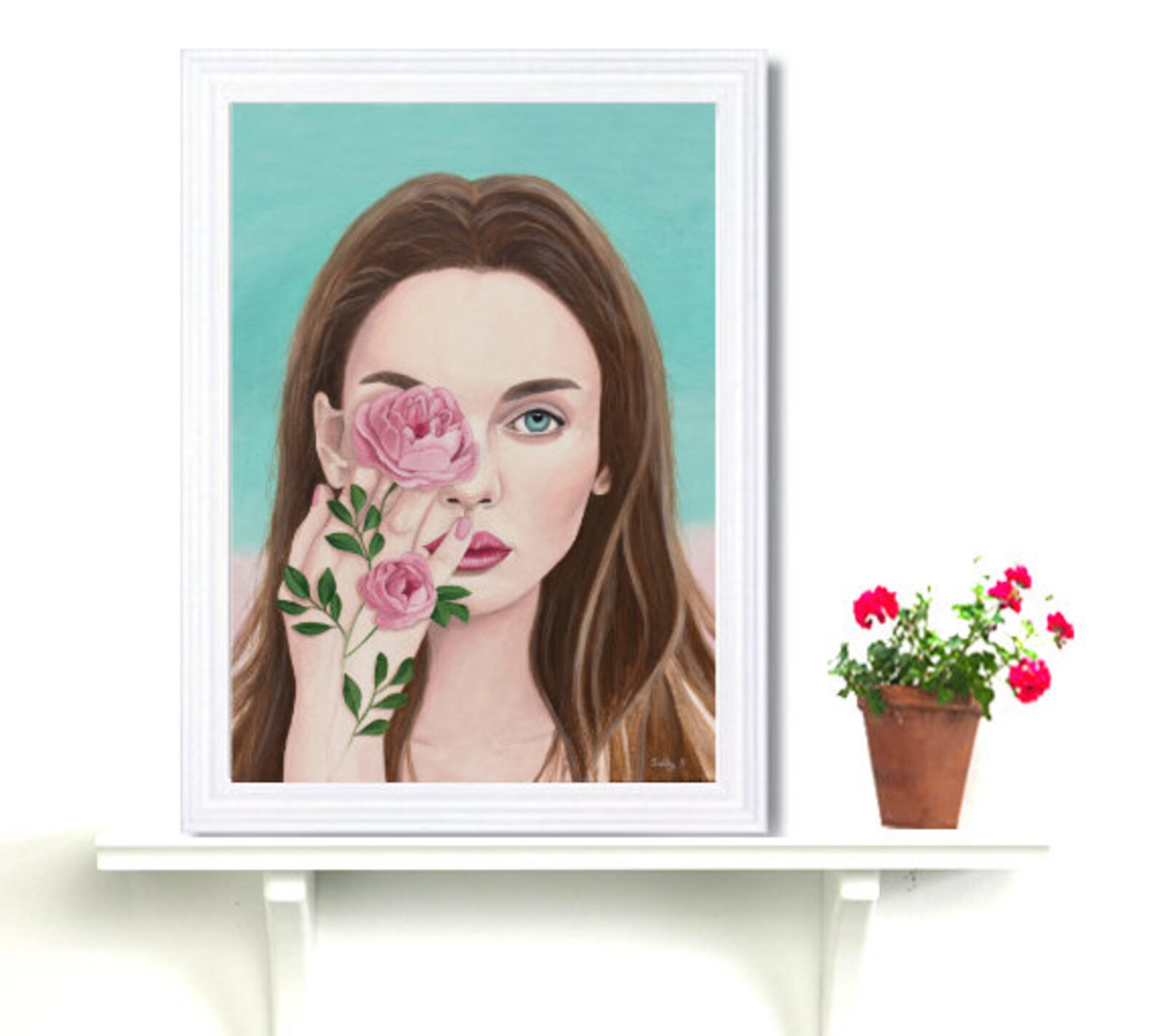 Lady Portrait Print With Long Hair and Eternal Blossom Peony | Etsy