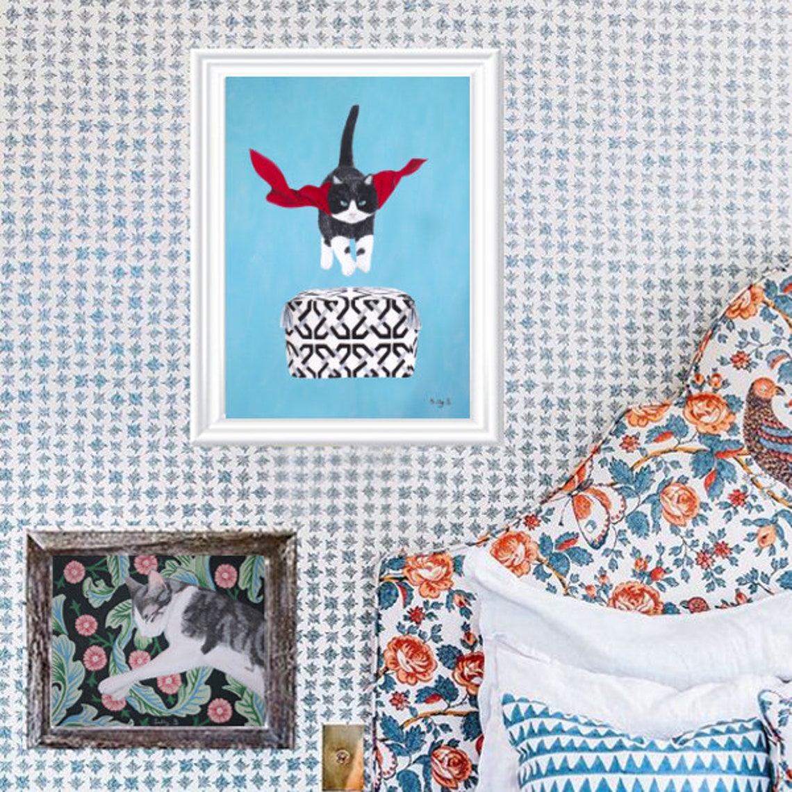 Black white cat print flying over pouf for kid wall decoration | Etsy