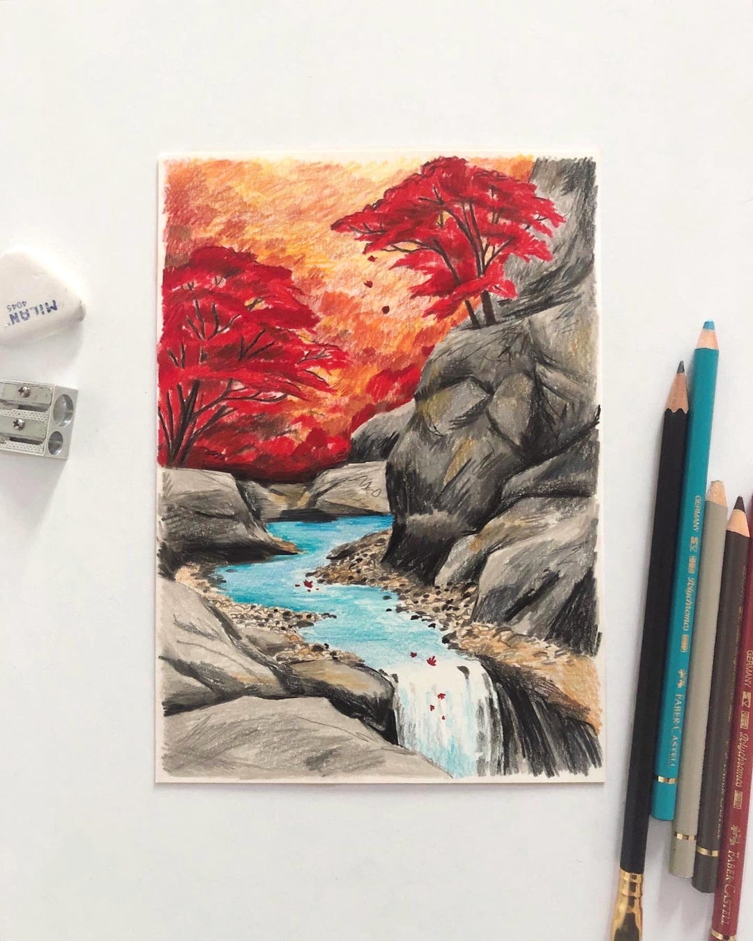Autumn Waterfall - A5 - Original Japanese Landscape Drawing by Jack ...