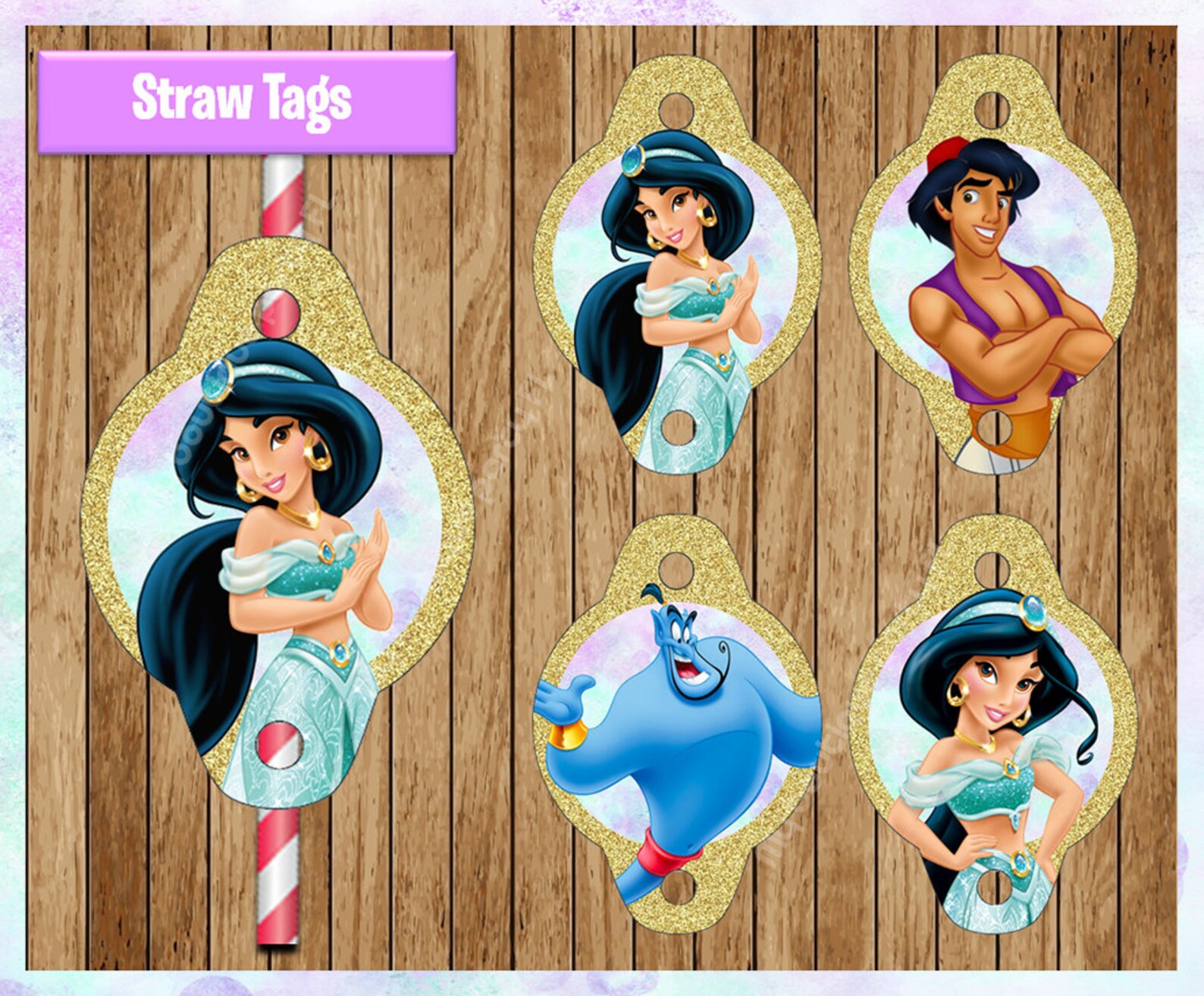 Princess Jasmine Straw Toppers Printable Disney Princess - Etsy