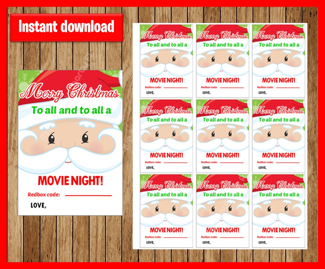 Printable Christmas Printable Redbox Gift Card Tag, Movie Night Redbox ...