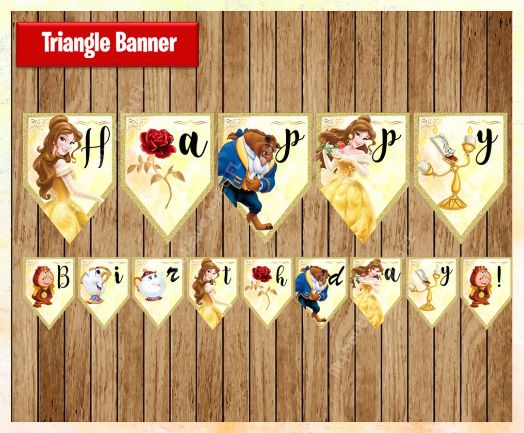 Princess Belle Banner, Printable Princess Triangle Banner, Beauty and ...