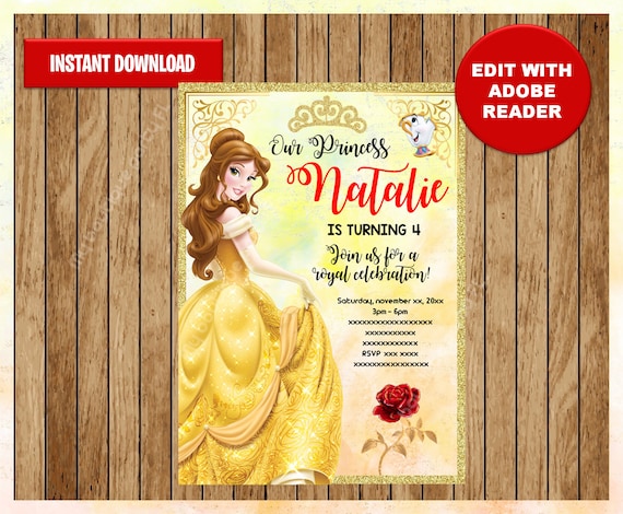Princess Belle Party Invitation Beauty and the Beast - Etsy