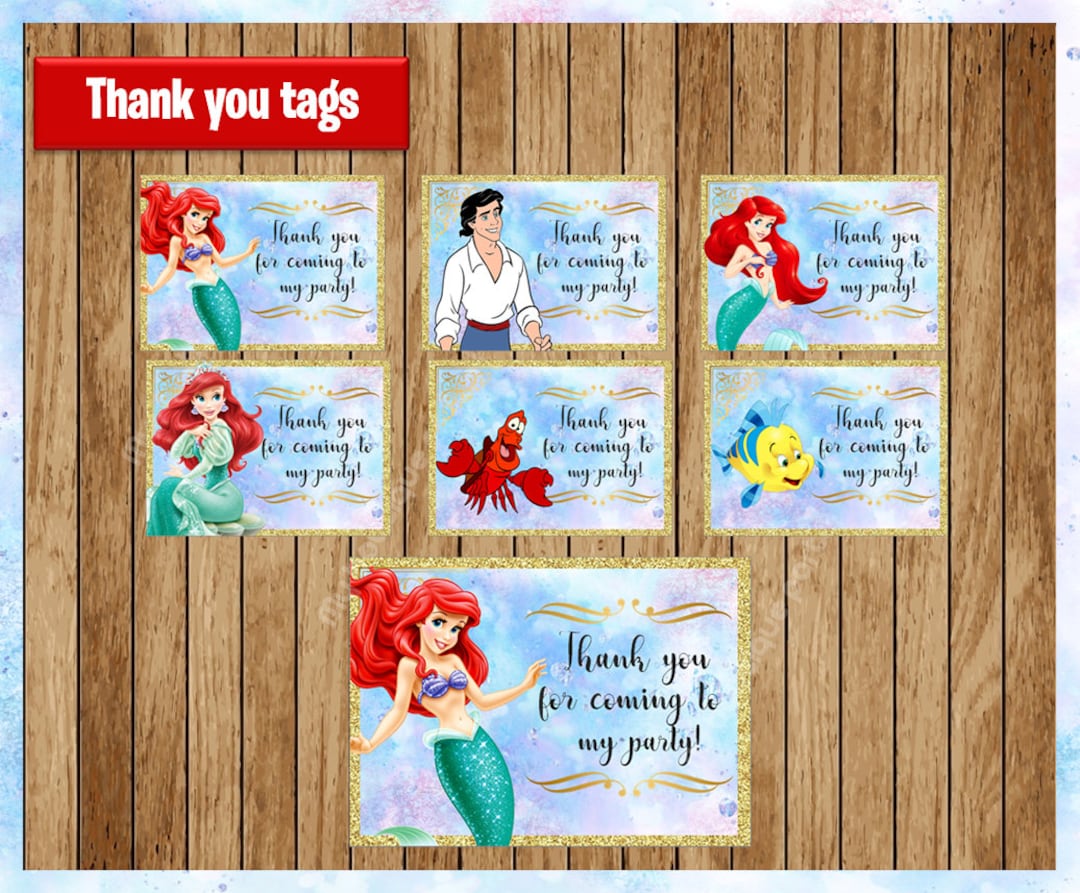 Princess Ariel White Thank You Tags, Printable Princess Tags, Litte ...