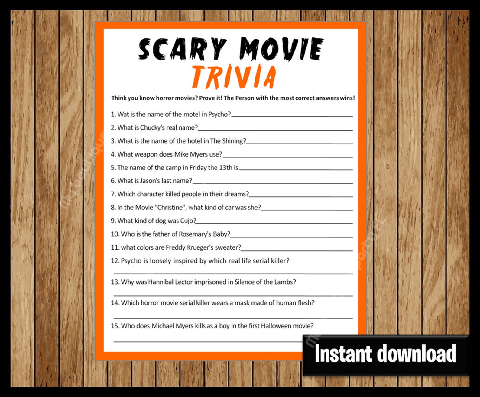 Scary Movie Trivia Party Game Printable, PDF Printable, Halloween Game ...