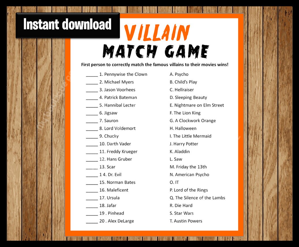 Villain Match Game Party Game Printable, PDF Printable, Halloween Game ...