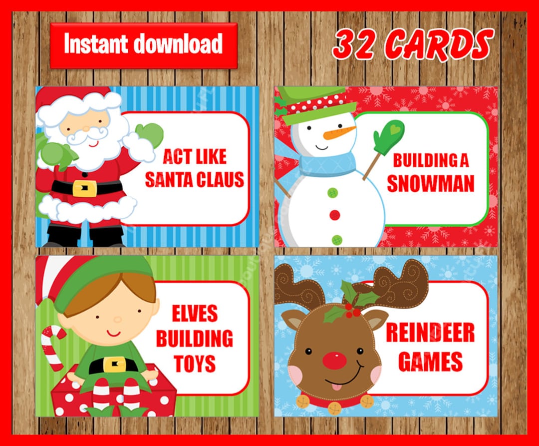 Printable Christmas Game Cards for Pictionary or Charades, Hangman, 32 ...